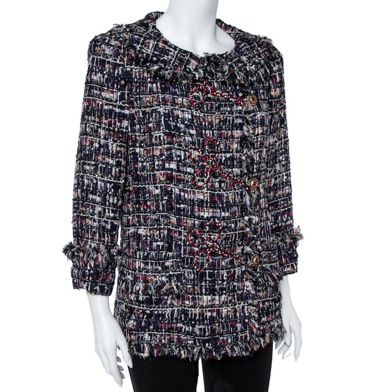 Chanel Navy Blue Tweed Embellished Closure Detail Jacket L at 1stDibs