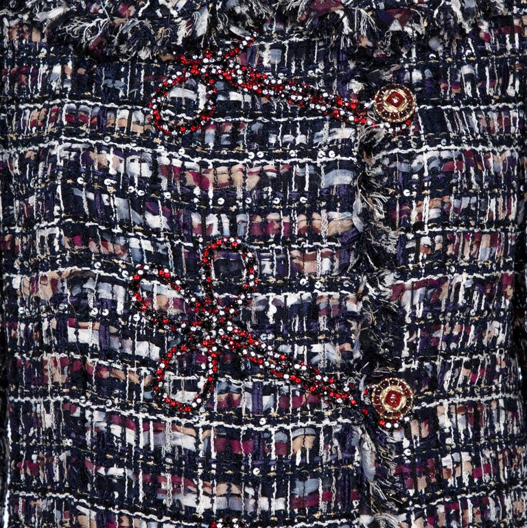 Chanel Navy Blue Tweed Embellished Closure Detail Jacket L at 1stDibs