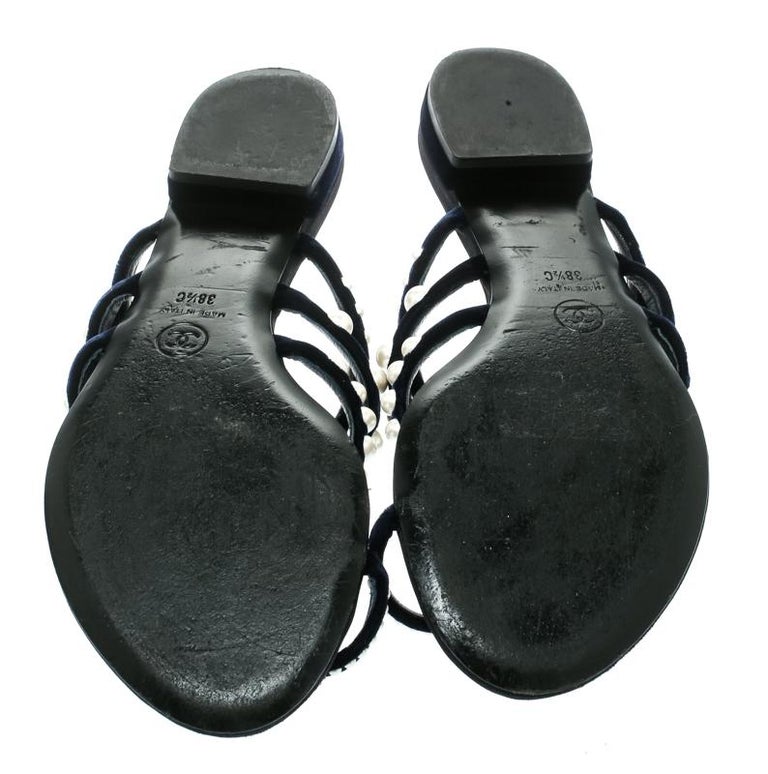 Chanel Navy Blue Velvet Faux Pearl Embellished Flat Strappy Slides Size ...