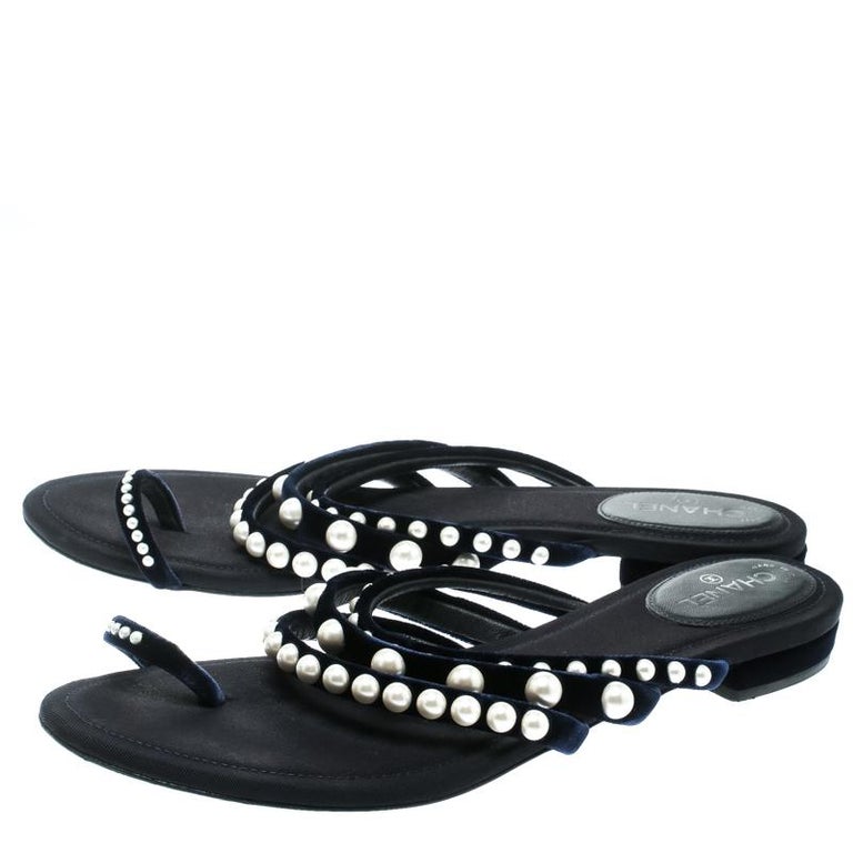 Chanel Navy Blue Velvet Faux Pearl Embellished Flat Strappy Slides Size ...
