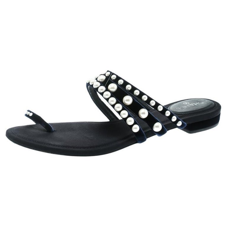 Chanel Navy Blue Velvet Faux Pearl Embellished Flat Strappy Slides Size ...