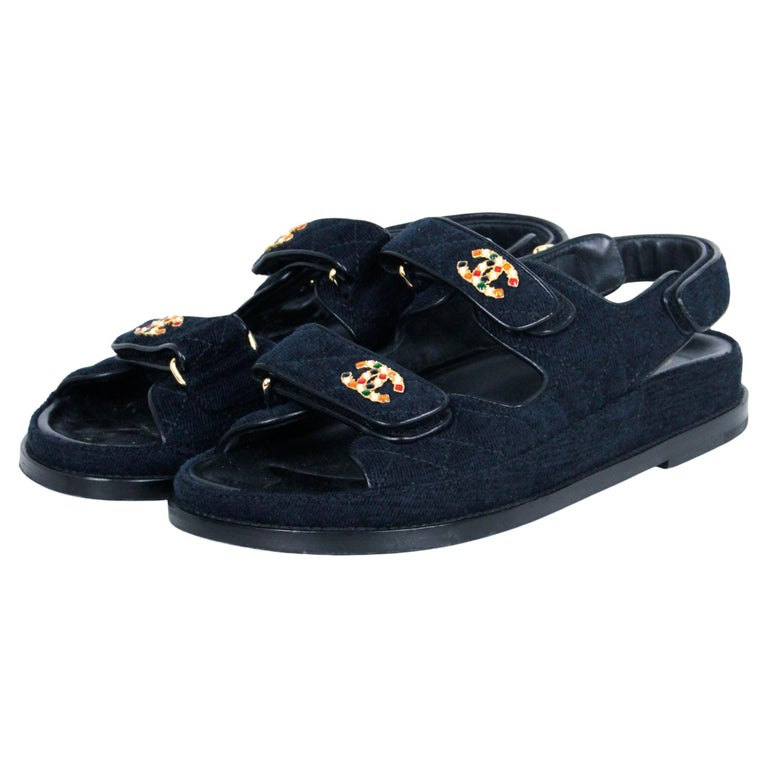 Chanel Navy Blue Velvet Velcro Dad Sandals sz 38 For Sale at 1stDibs
