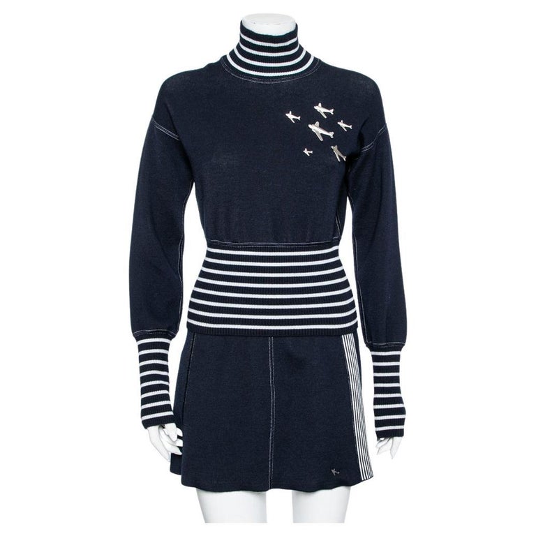 Chanel Navy Blue and White Striped Knit Plane Embellished Jumper and ...