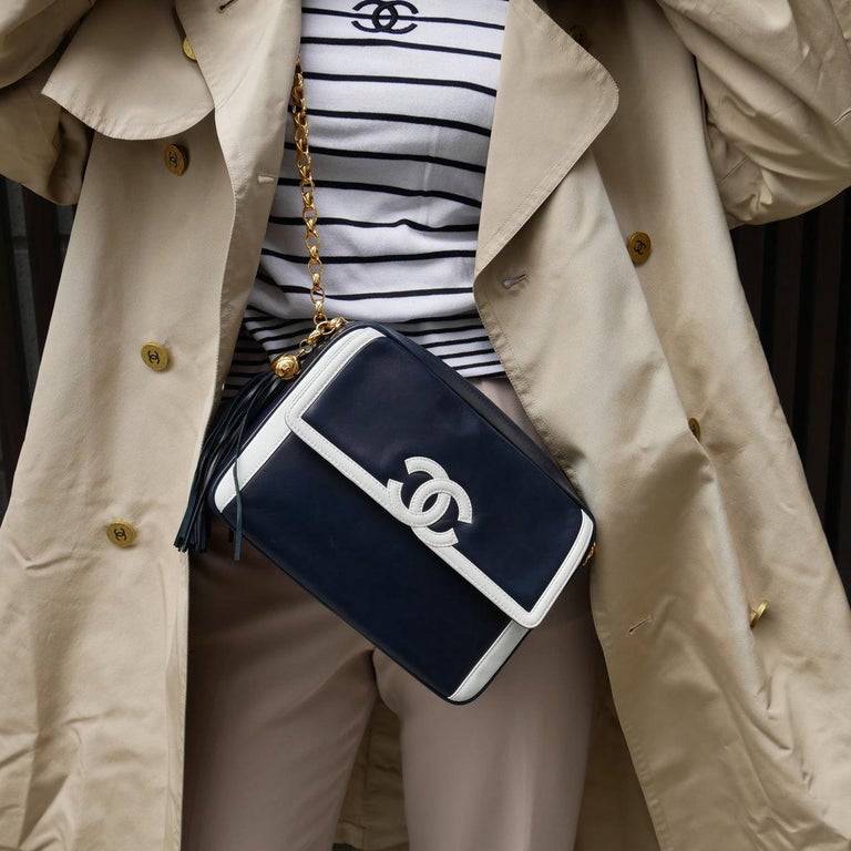 CHANEL Navy Blue White Trim Leather Gold Small Evening Camera Shoulder ...