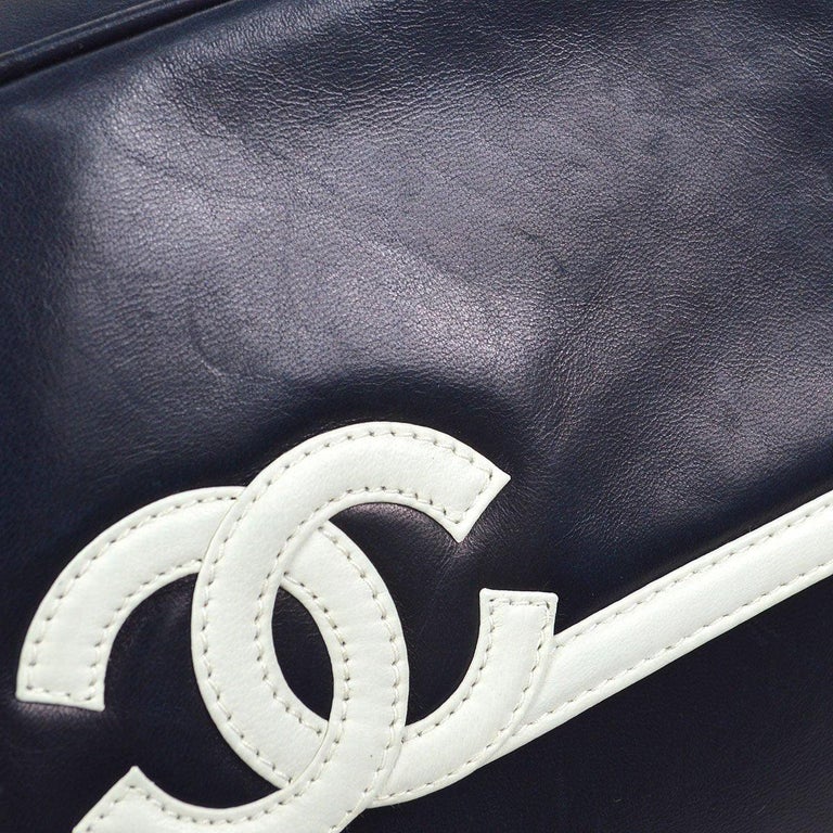 CHANEL Navy Blue White Trim Leather Gold Small Evening Camera Shoulder ...