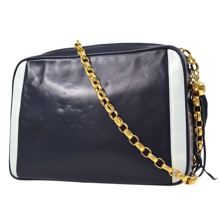 CHANEL Navy Blue White Trim Leather Gold Small Evening Camera Shoulder ...