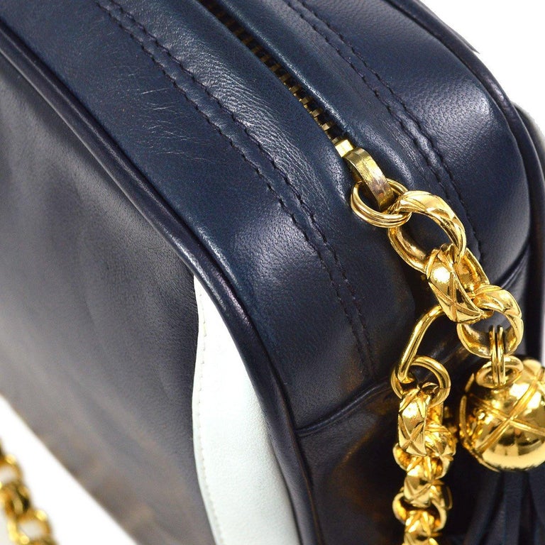 CHANEL Navy Blue White Trim Leather Gold Small Evening Camera Shoulder ...