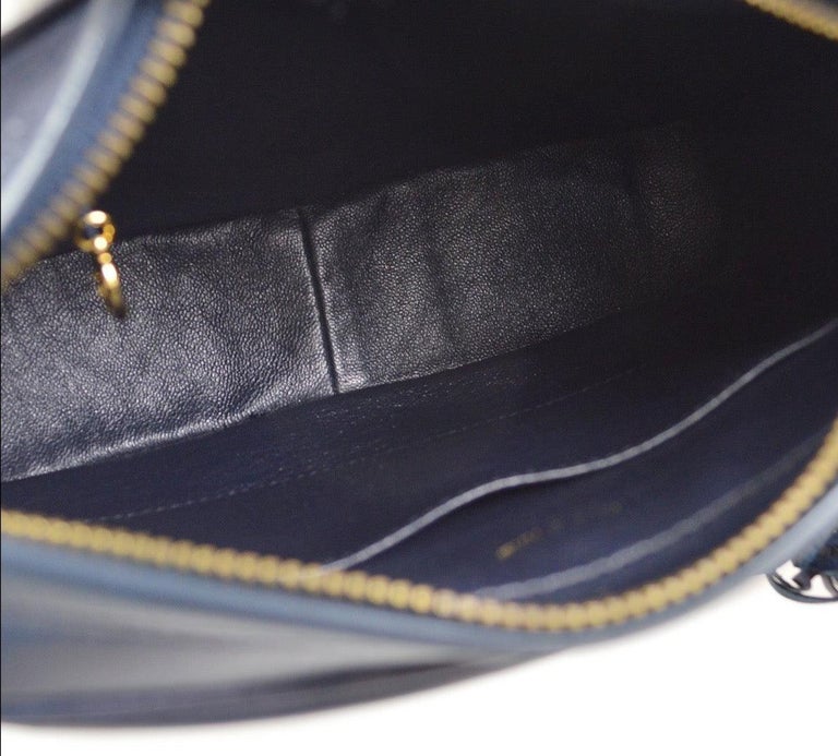CHANEL Navy Blue White Trim Leather Gold Small Evening Camera Shoulder ...