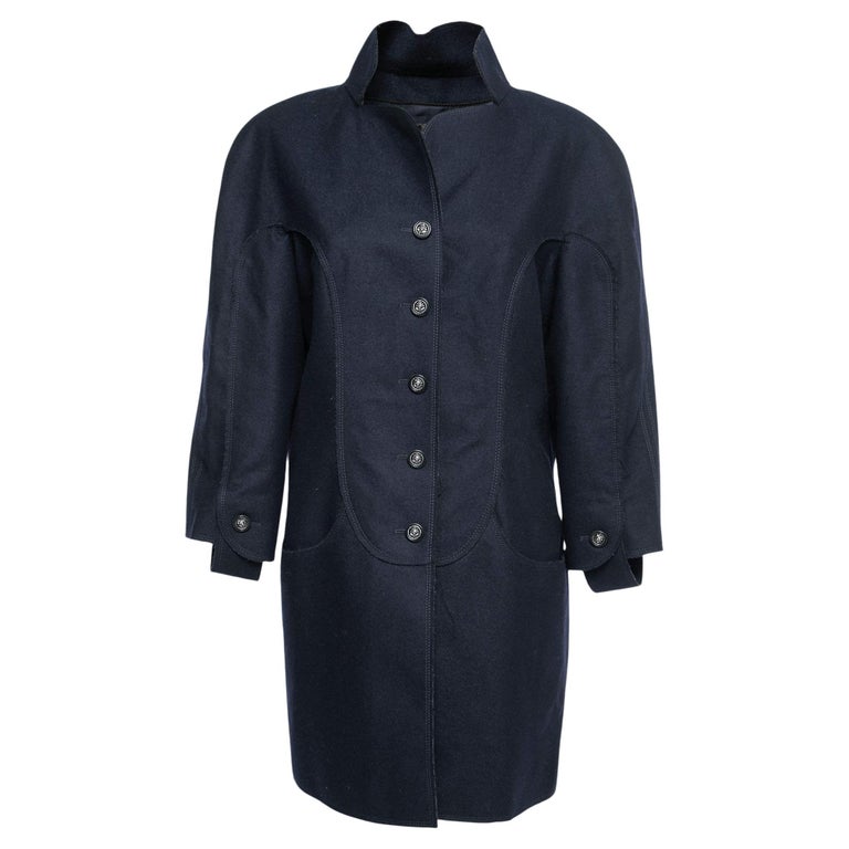 Chanel Navy Blue Wool Button Front Coat XL For Sale at 1stDibs