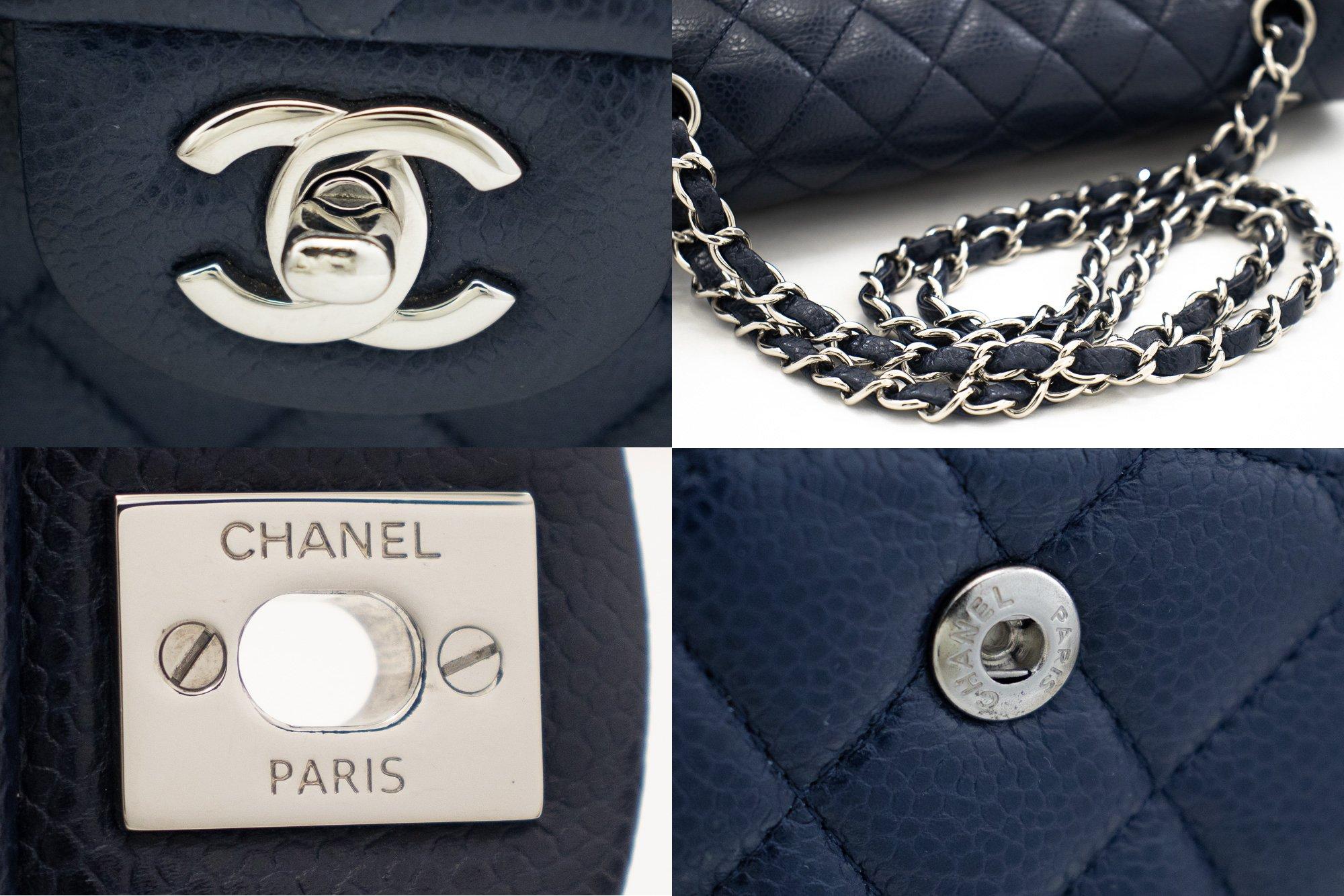 CHANEL Navy Caviar Double Chain Flap Shoulder Bag Quilted Leather at ...