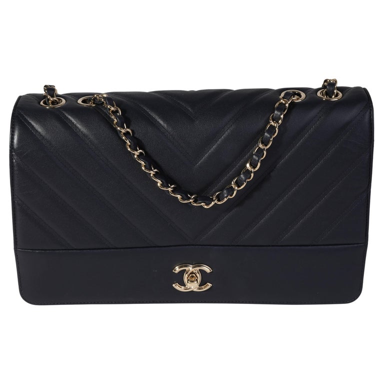 Chanel Navy Chevron Quilted Leather Single Flap Bag For Sale at 1stDibs