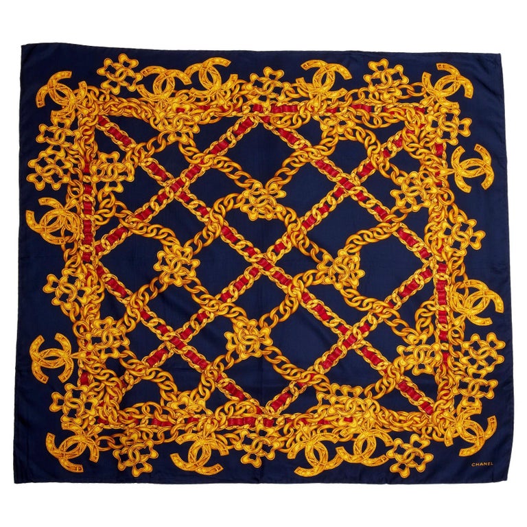Chanel NAVY, RED and GOLD SILK VINTAGE CC CHAIN SCARF at 1stDibs