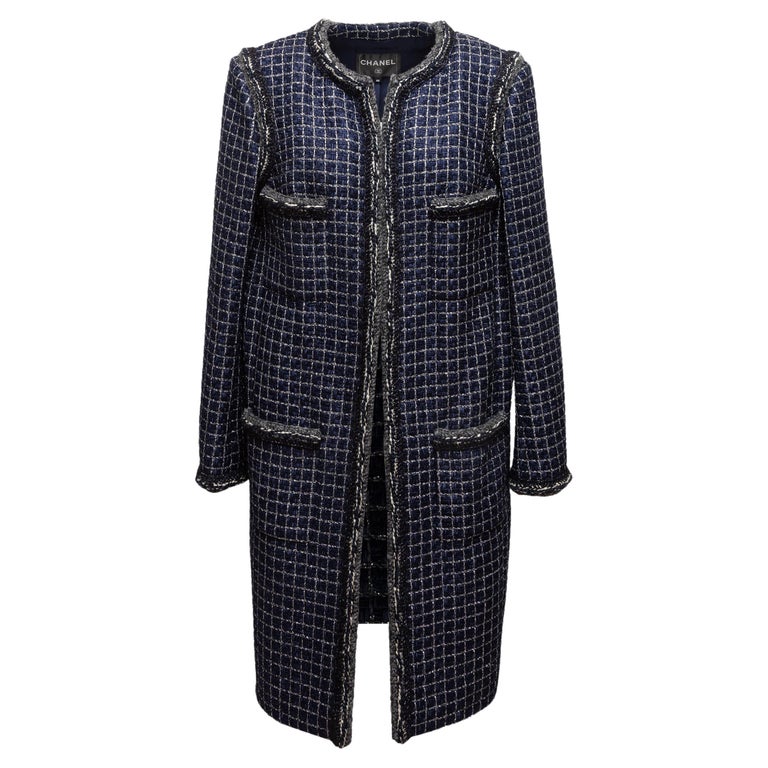 Chanel Navy and Silver Long Boucle Coat For Sale at 1stDibs