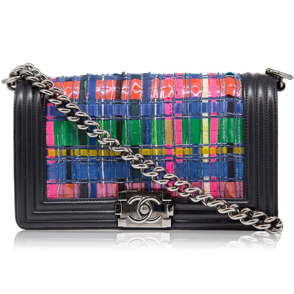 Chanel Navy Woven Medium Boy Bag at 1stDibs