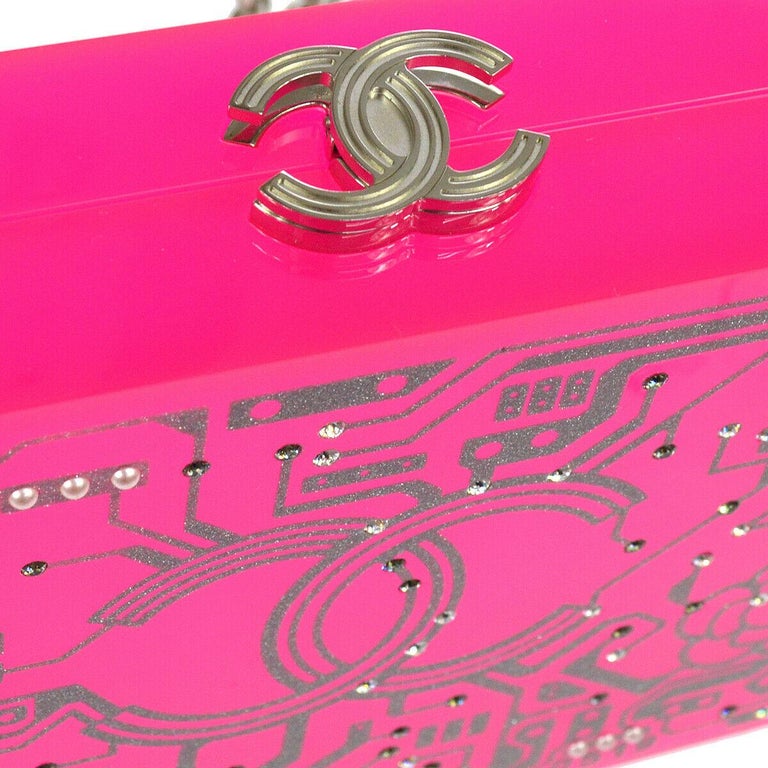 Chanel Neon Pink Plexi Glitter Crystal Evening Shoulder Flap Clutch Bag ...