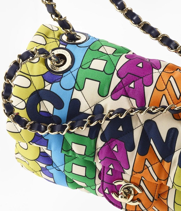 CHANEL NEW 21K Multi Color Rainbow Fabric Gold Leather Chain Shoulder ...