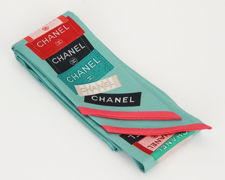 Chanel New Aqua Silk Labels Twilly For Sale at 1stDibs