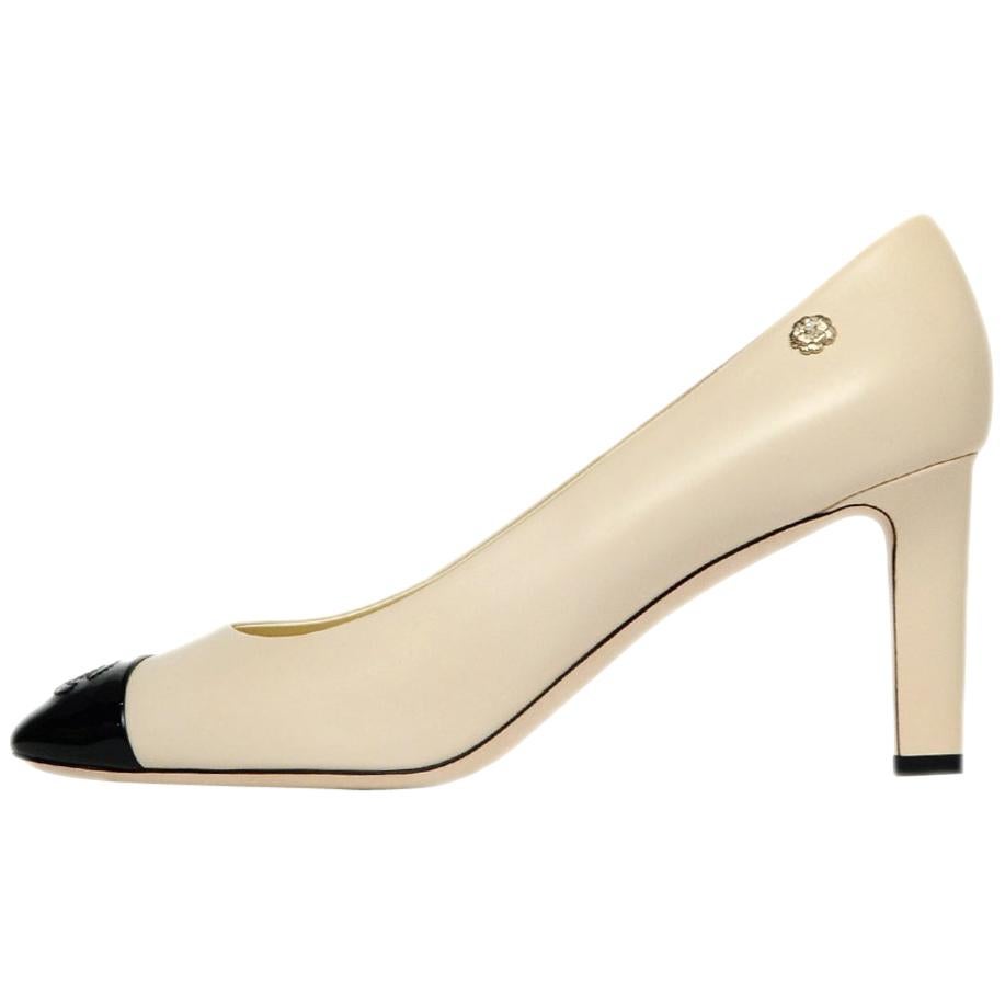 Chanel New Beige/Black Cap Toe Pumps sz 42 at 1stDibs