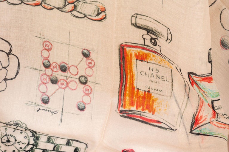 Chanel New Beige Drawings Cashmere Shawl For Sale at 1stDibs