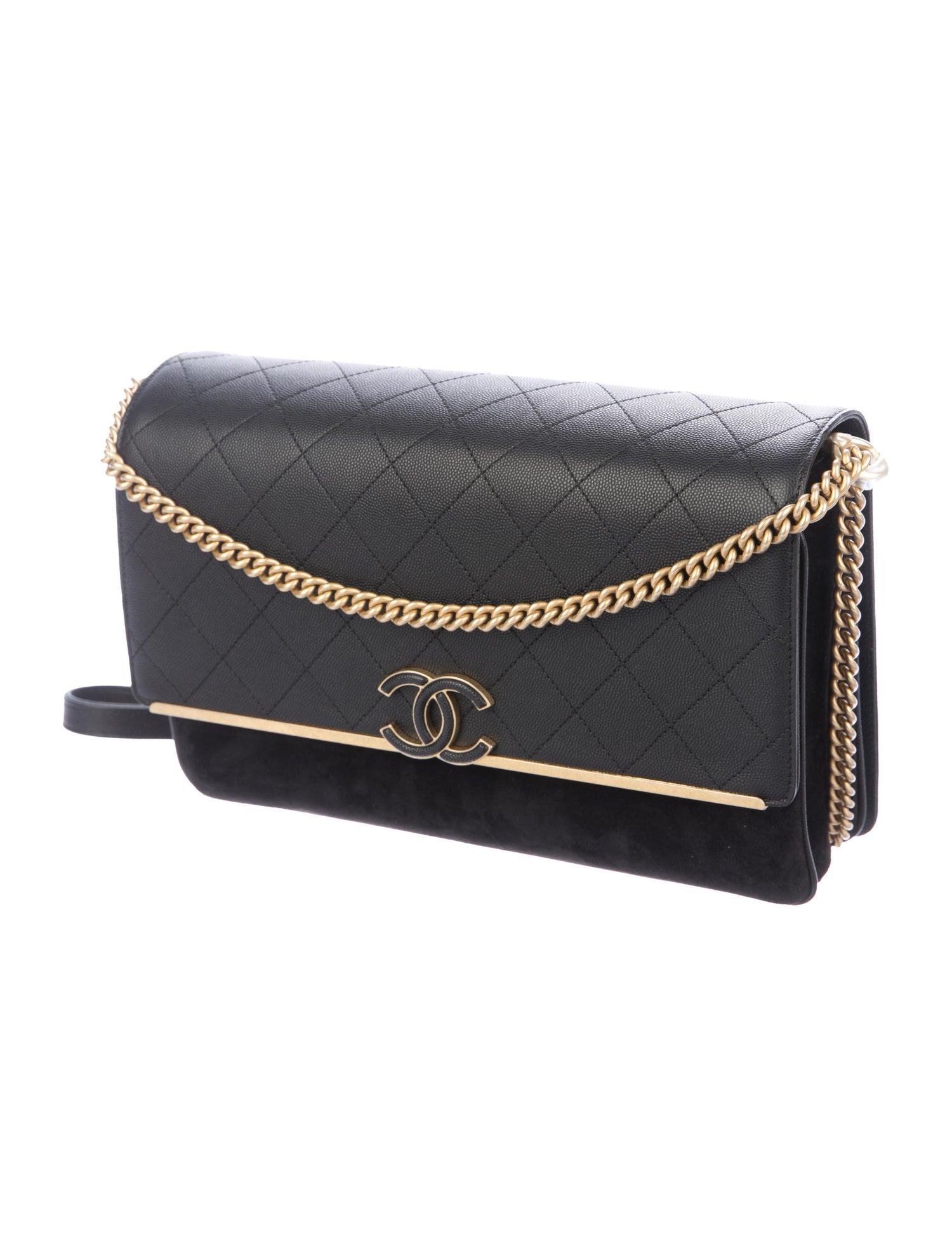 Chanel NEW Black Caviar Leather Gold Chain Logo Evening Shoulder Flap ...