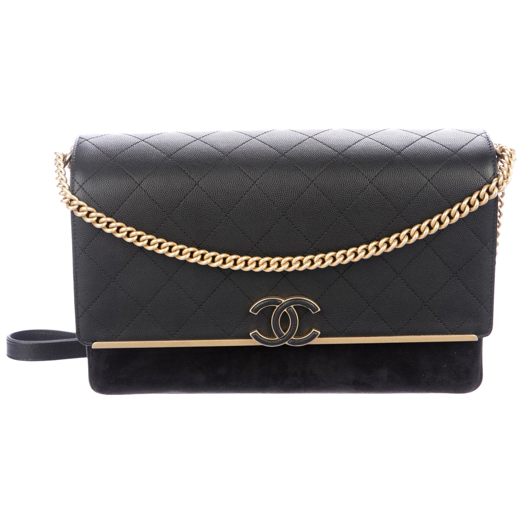 Chanel NEW Black Caviar Leather Gold Chain Logo Evening Shoulder Flap ...