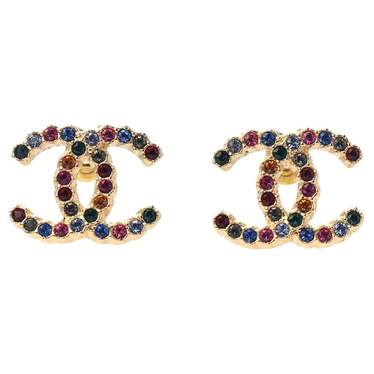 CHANEL NEW CC Gold Metal Crystal Multi Color Stud Earrings in Box For ...