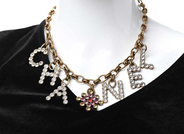 CHANEL NEW Crystal Charm Name Plate Logo Gold Metal Chain Link Necklace ...