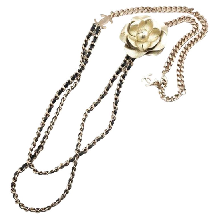 Chanel New Gold Chain Leather Long Necklace Removable Brooch Set For ...