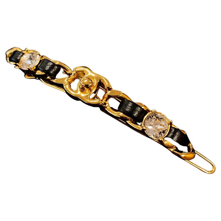 Chanel New Gold Tone Black Leather CC Logo Turn Lock Hair Clip B20A ...
