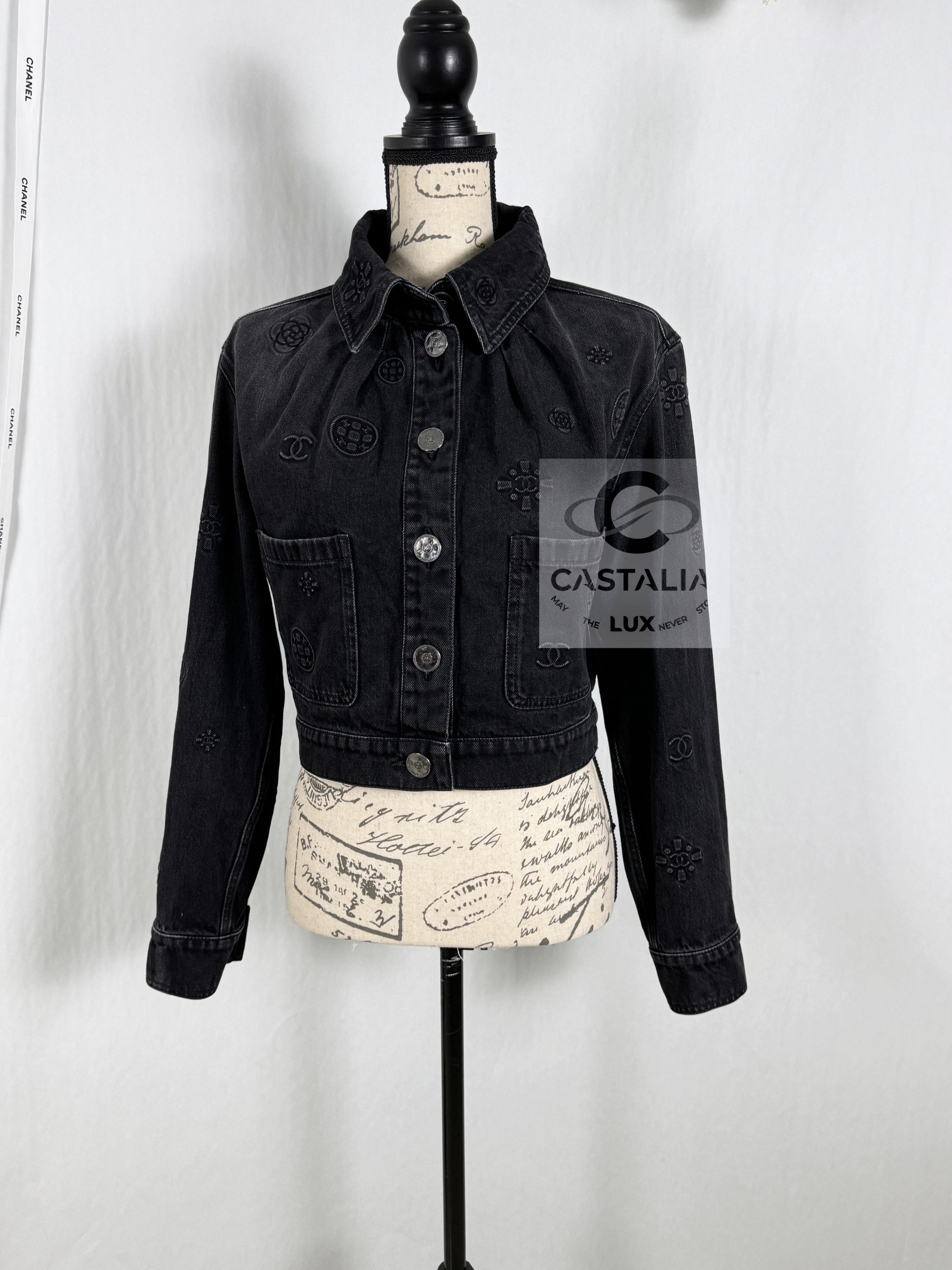 Chanel New Iconic Black Logo Embossed Denim Jacket For Sale at 1stDibs