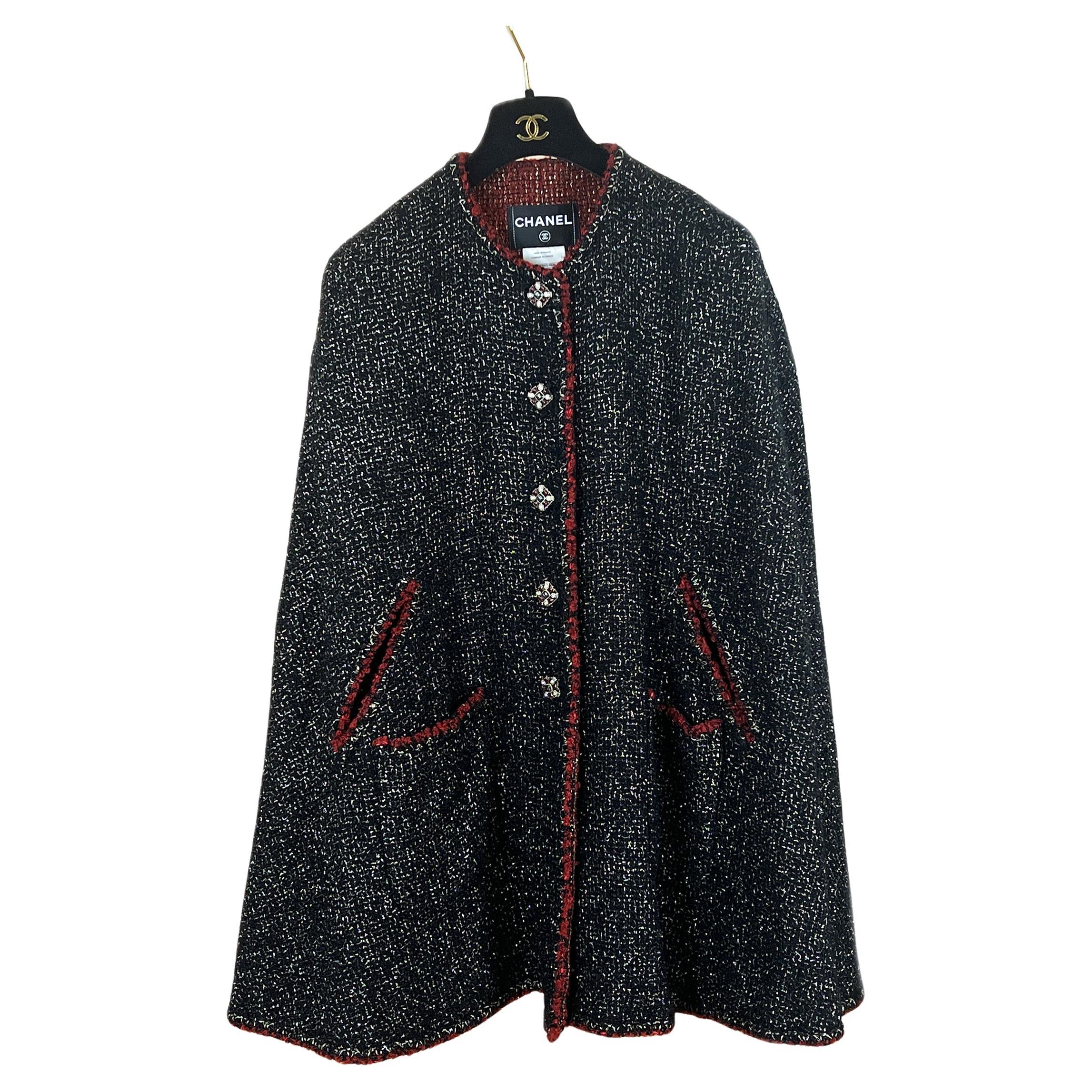 Chanel New Iconic CC Jewel Buttons Black Tweed Cape Jacket For Sale at 1stDibs