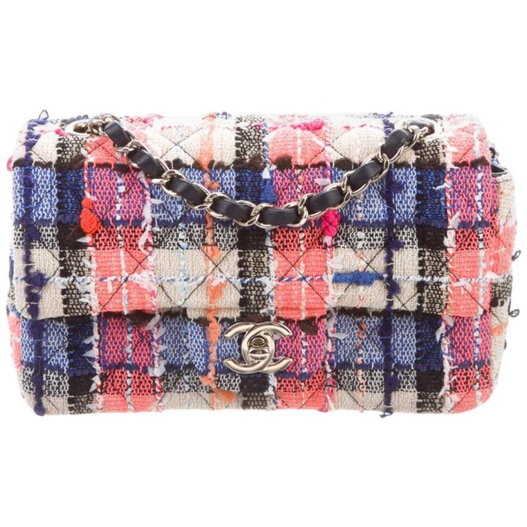 Chanel NEW Multi Color Blue Tweed Silver Small Evening Shoulder Flap ...