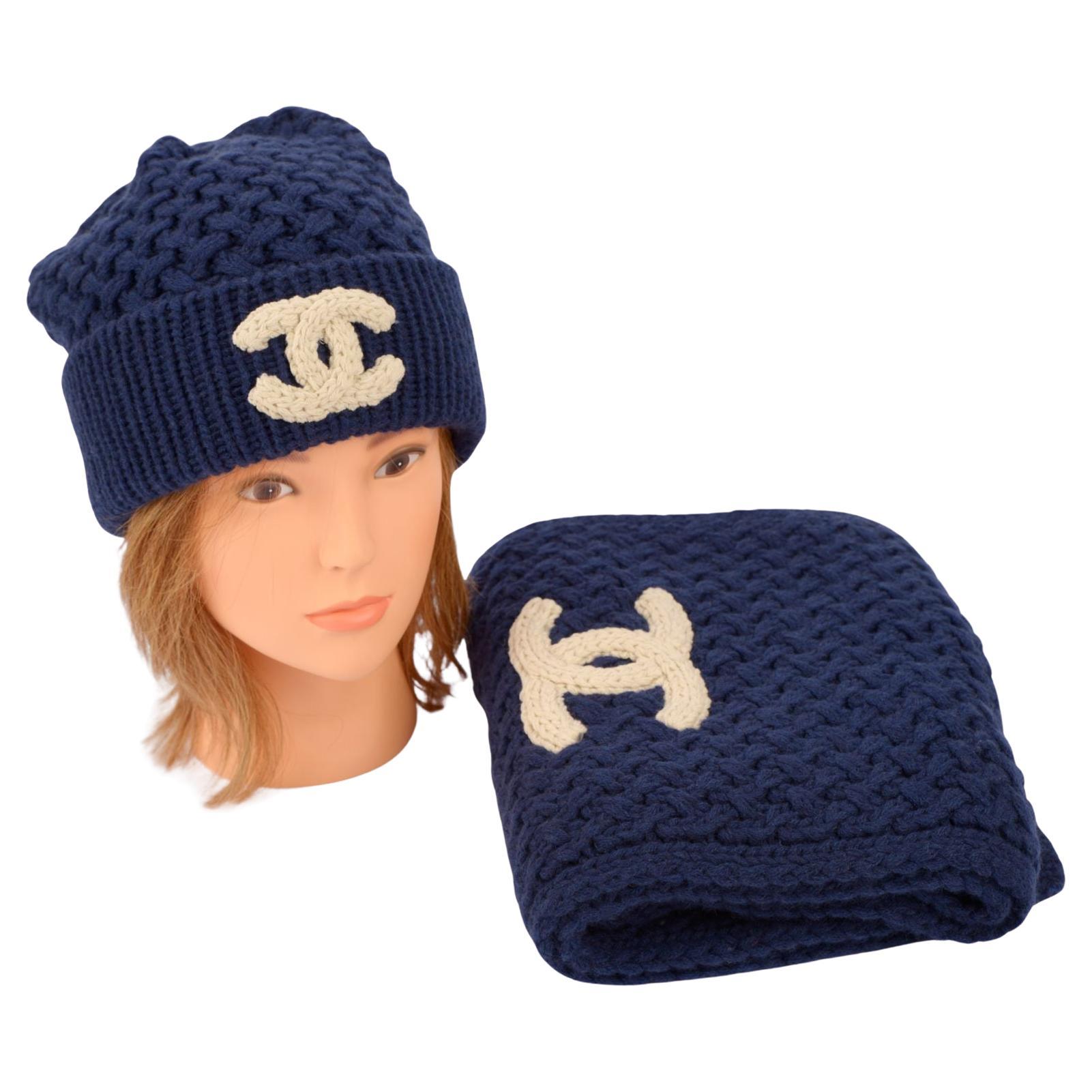Chanel New Navy Knit Beanie and Scarf Set For Sale at 1stDibs