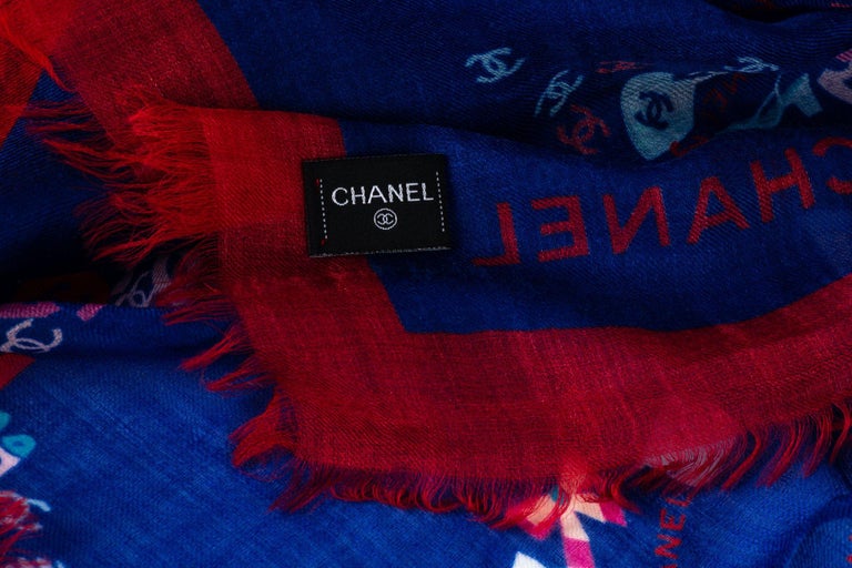 Chanel New Navy Red Cashmere Shawl For Sale at 1stDibs