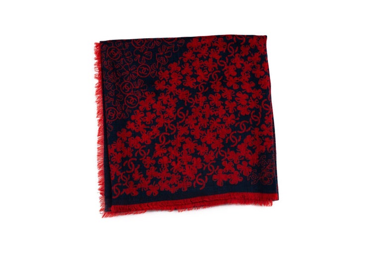 Chanel New Navy Red Cashmere Shawl For Sale at 1stDibs