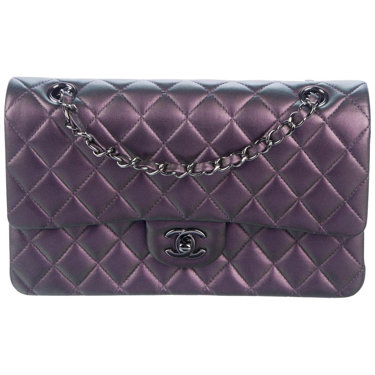 Chanel NEW Purple Metallic Leather Silver Large Evening Shoulder Flap ...