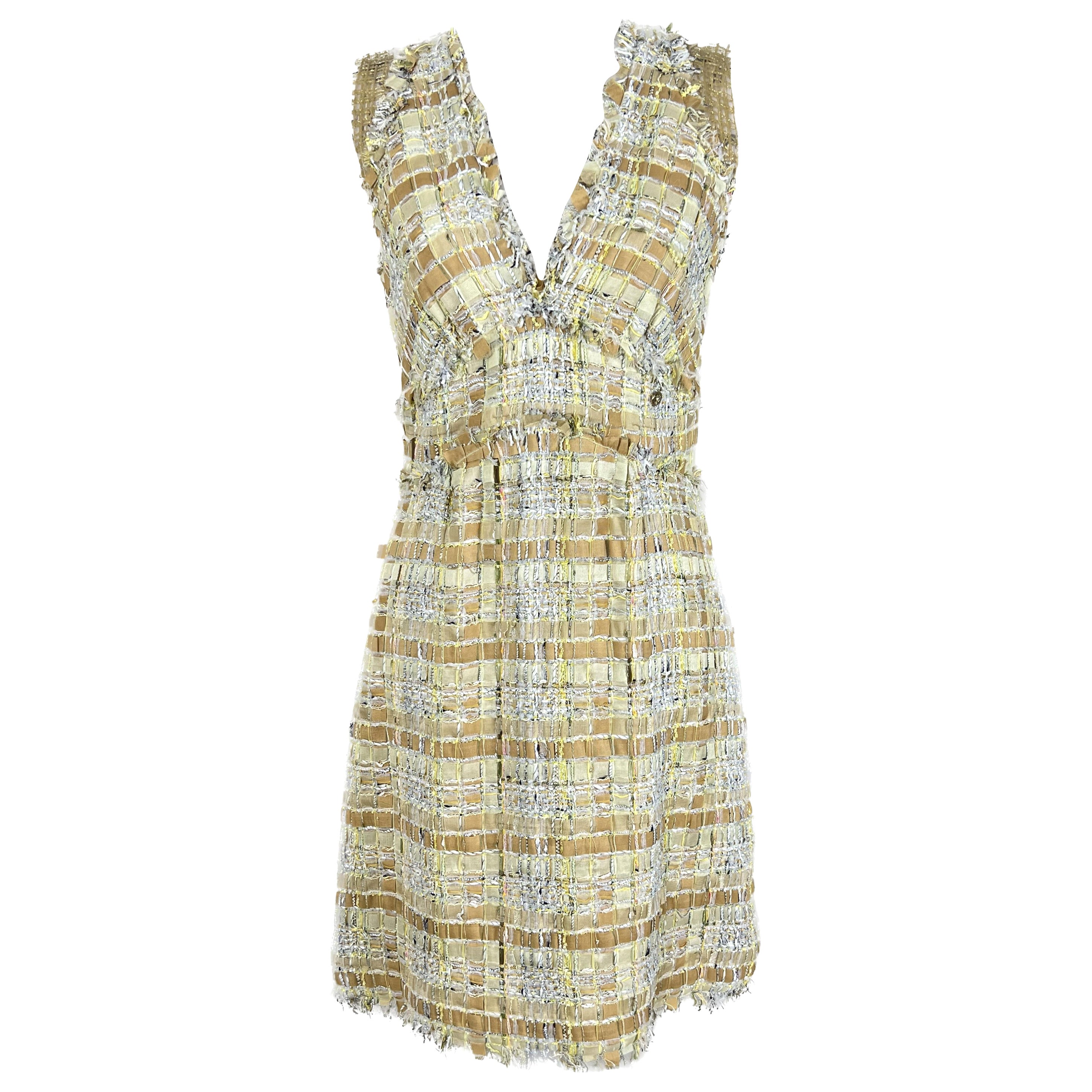 Chanel New Ribbon Tweed Dress in Beige For Sale at 1stDibs