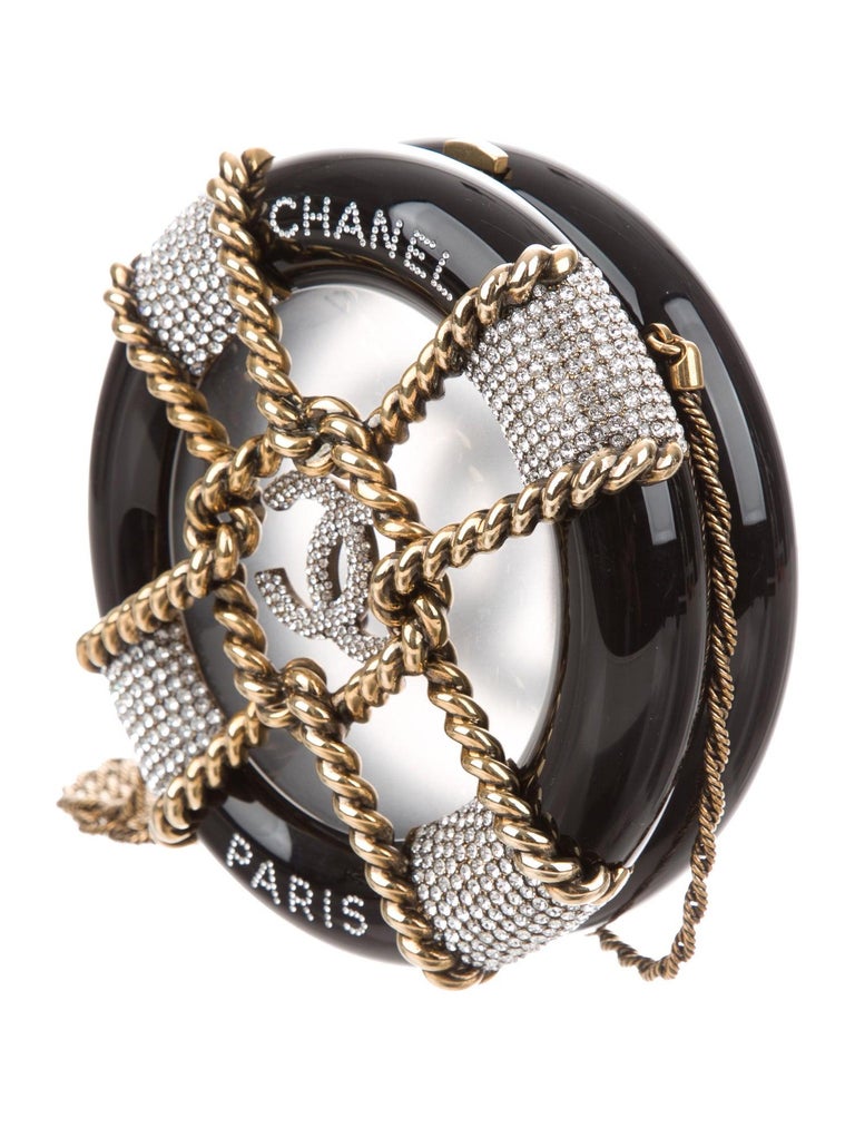 Chanel NEW Runway Black Crystal Gold Round Evening Clutch Shoulder Bag ...