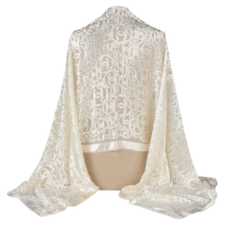 Chanel New Silk-Blend Logo Cream Stole For Sale at 1stDibs