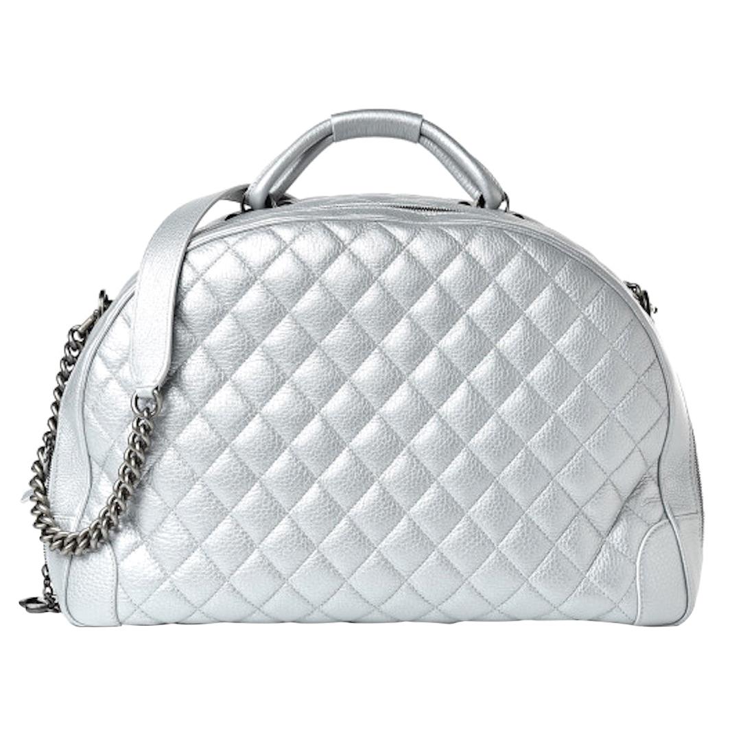 Chanel NEW Silver Gray Leather Top Handle Travel Duffle Shoulder Bag in ...