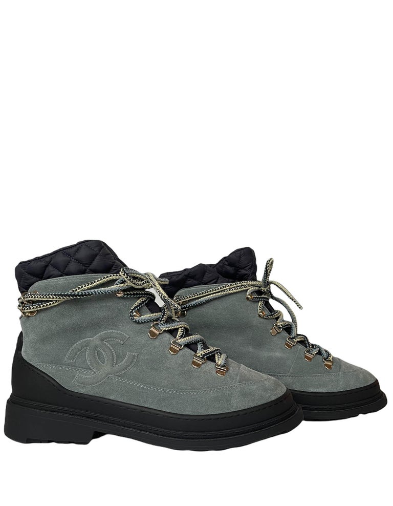 Chanel NEW Slate Blue Suede Logo Lace Up Boots w/ Nylon Insert sz 40 ...