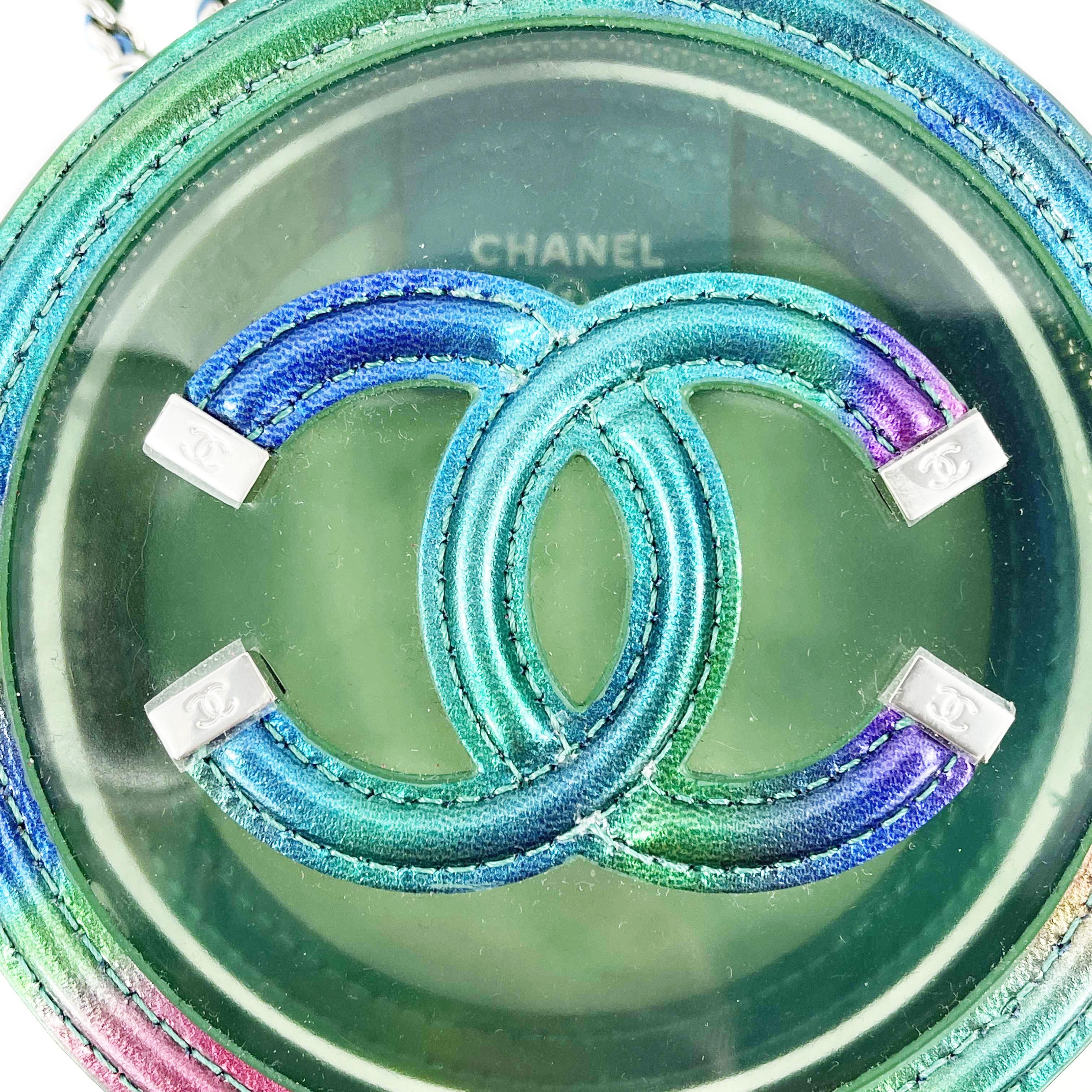 CHANEL New w/ Tags CC Rainbow PVC Round Mini Clutch with Chain ...