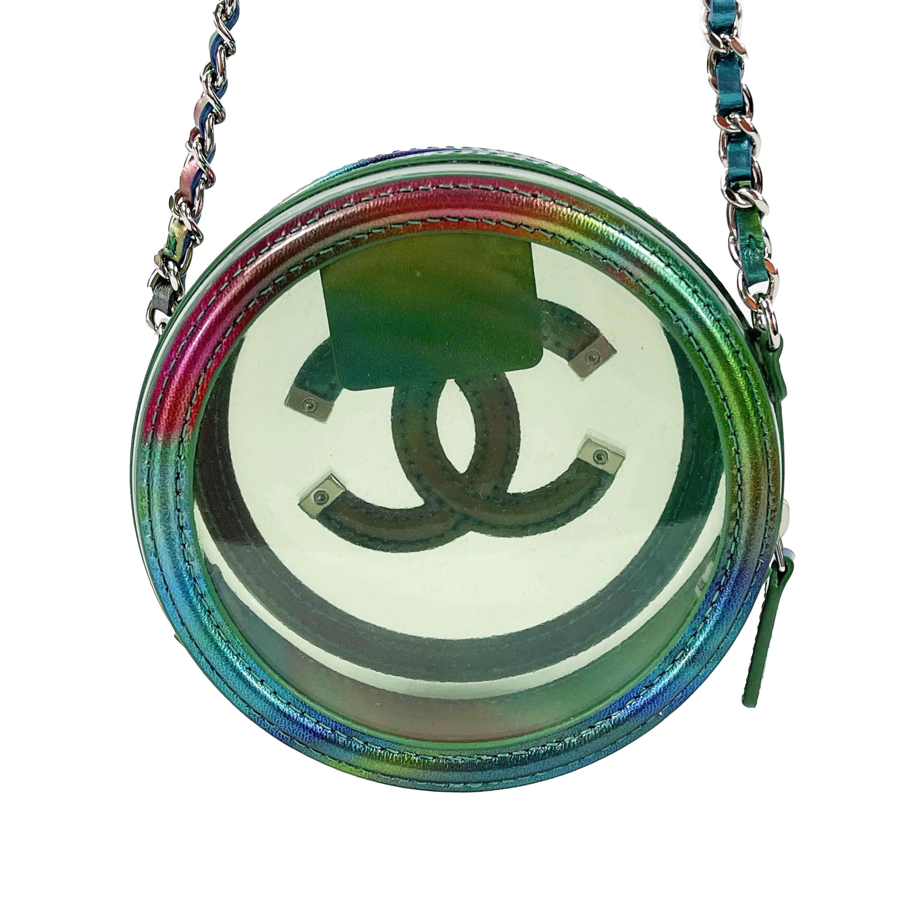 CHANEL New w/ Tags CC Rainbow PVC Round Mini Clutch with Chain ...
