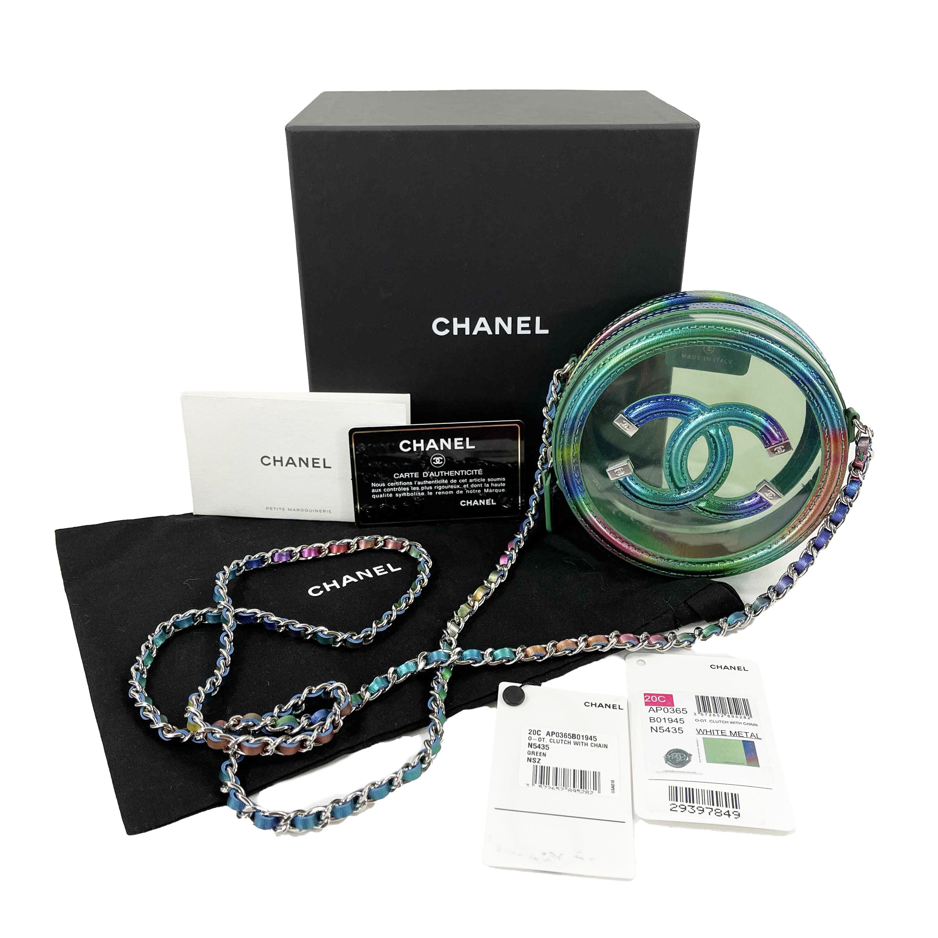 CHANEL New w/ Tags CC Rainbow PVC Round Mini Clutch with Chain ...