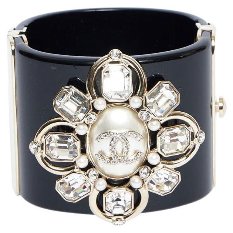 Chanel NIB Black Anf Stones Logo Cuff For Sale at 1stDibs