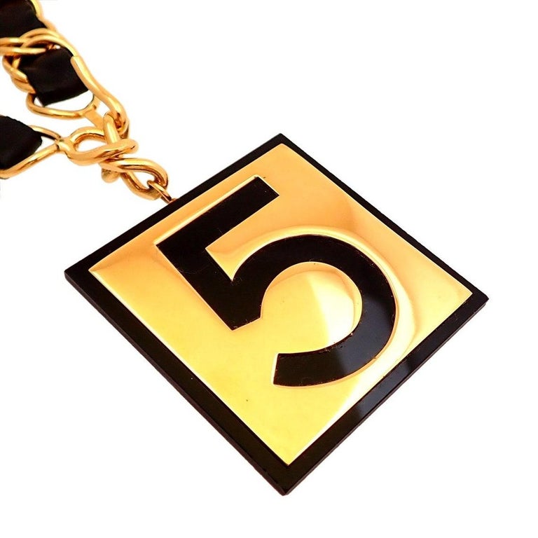 CHANEL No. Number 5 Gold Plated Charm Leather Chain Link Necklace ...