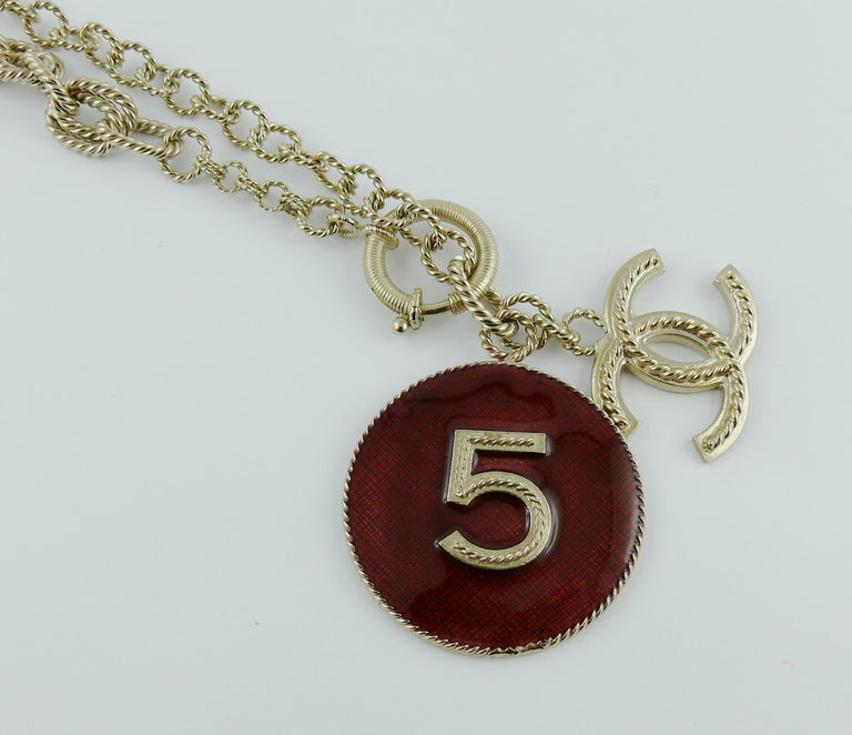 Chanel Number 5 Disc and CC Pendant Necklace For Sale at 1stDibs