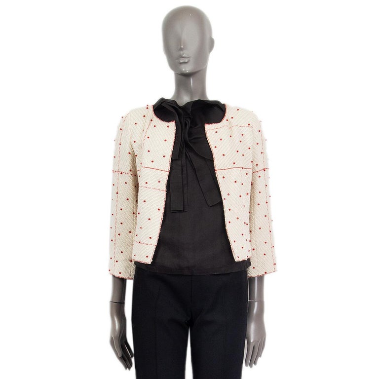 CHANEL off-white and red cotton EMBELLISHED TWEED Jacket 38 S at 1stDibs