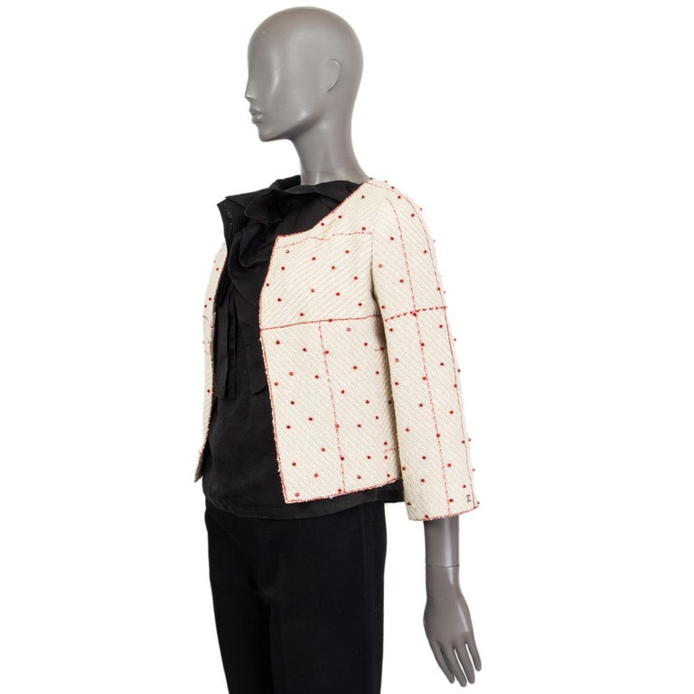 CHANEL off-white and red cotton EMBELLISHED TWEED Jacket 38 S at 1stDibs
