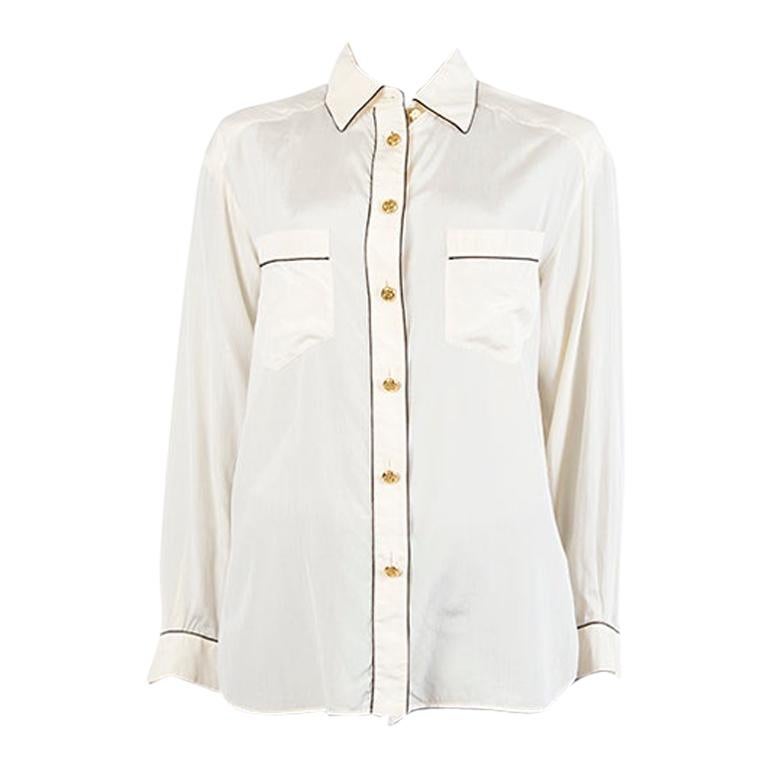 CHANEL off white silk BLACK PIPING Button Up Shirt Blouse XL at 1stDibs
